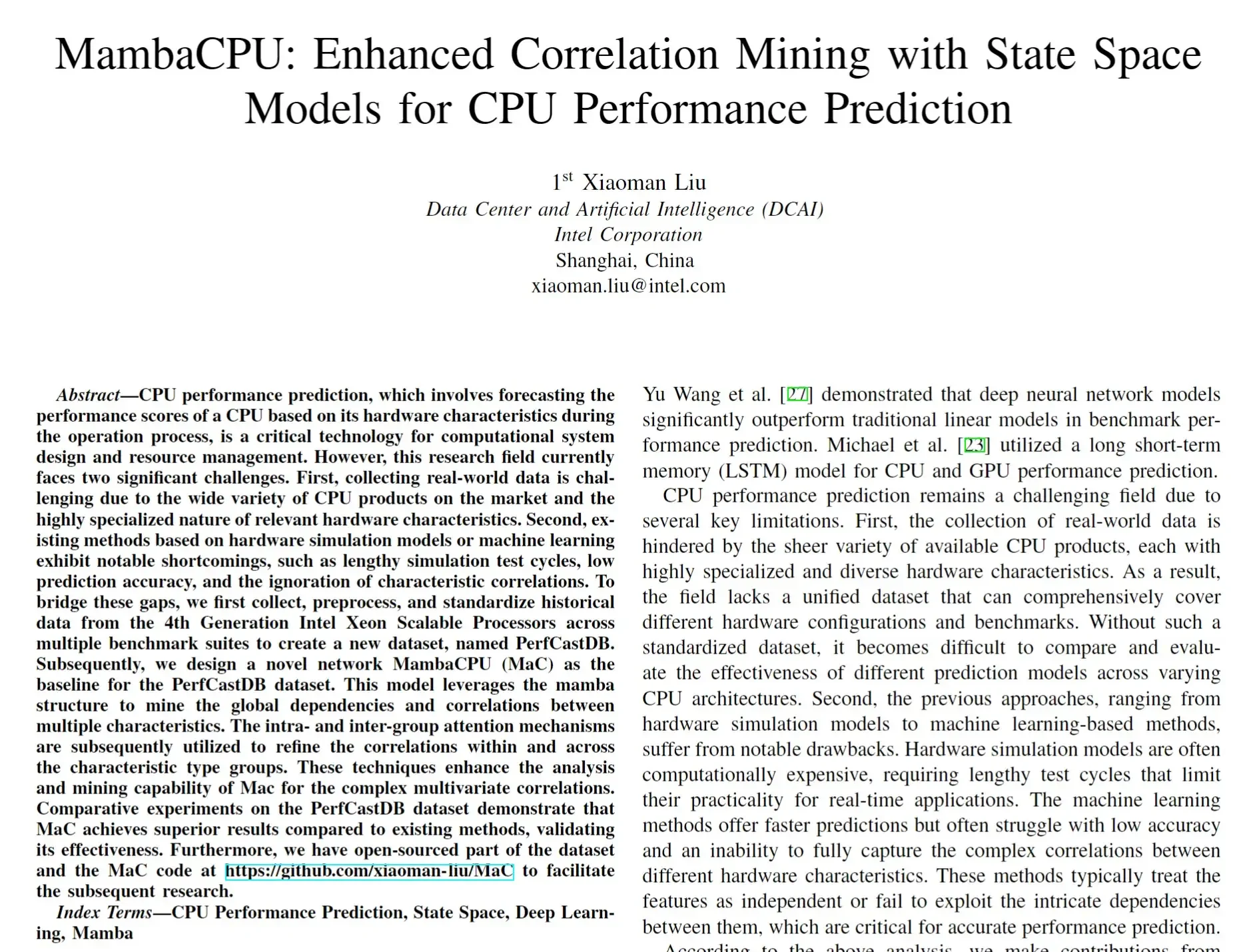 MambaCPU: Enhanced Correlation Mining with State Space Models for CPU Performance Prediction ...
